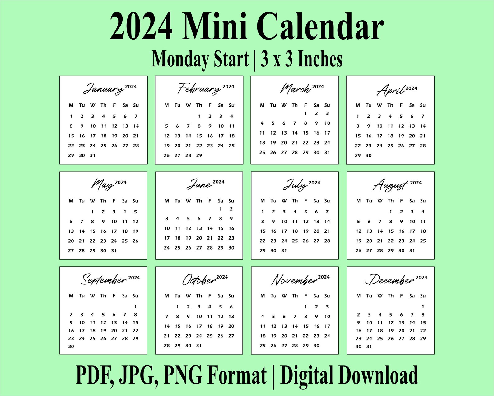 Printable PDF Mini Calendar 2024 3x3 Inches Sunday & Monday - Etsy Canada