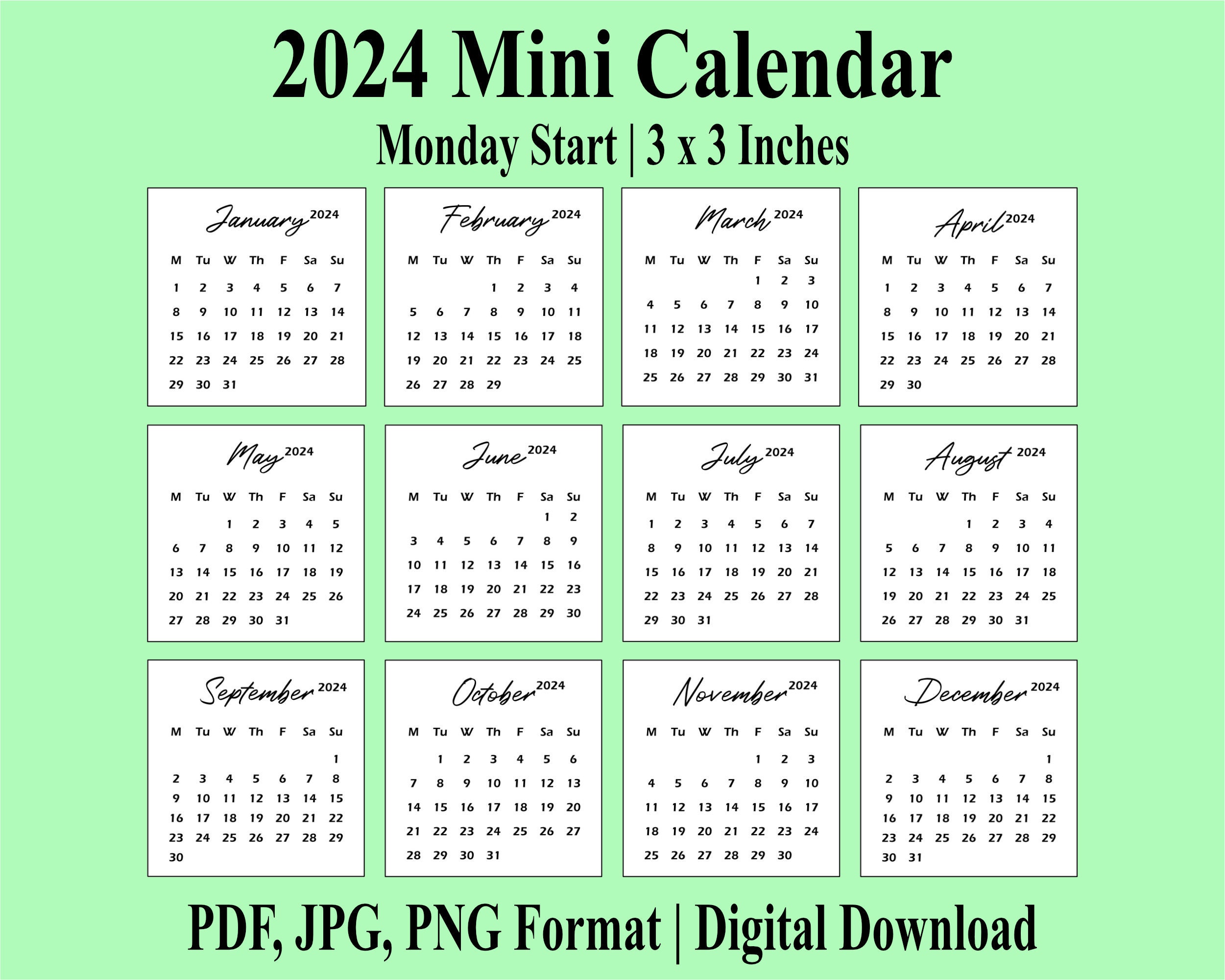 Printable PDF Mini Calendar 2024 3x3 Inches Sunday & Monday - Etsy Canada