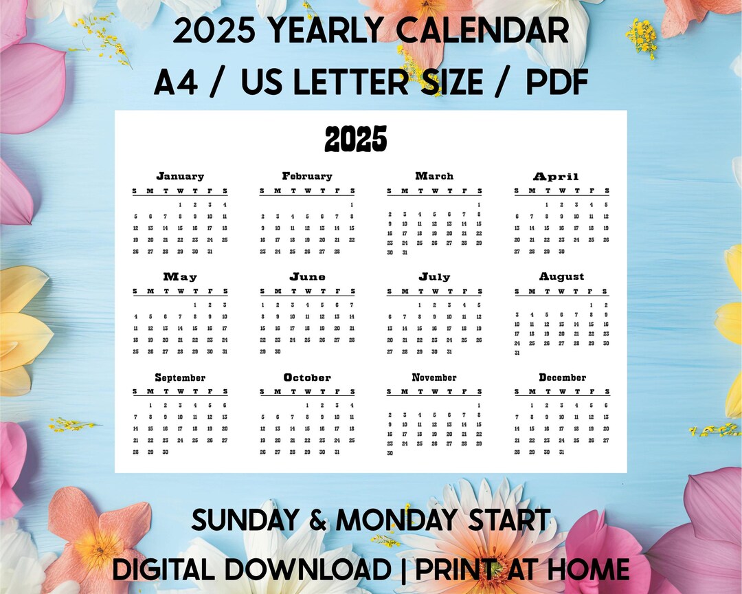 Printable Landscape 2025 Calendar, Yearly Calendar, Sunday & Monday ...