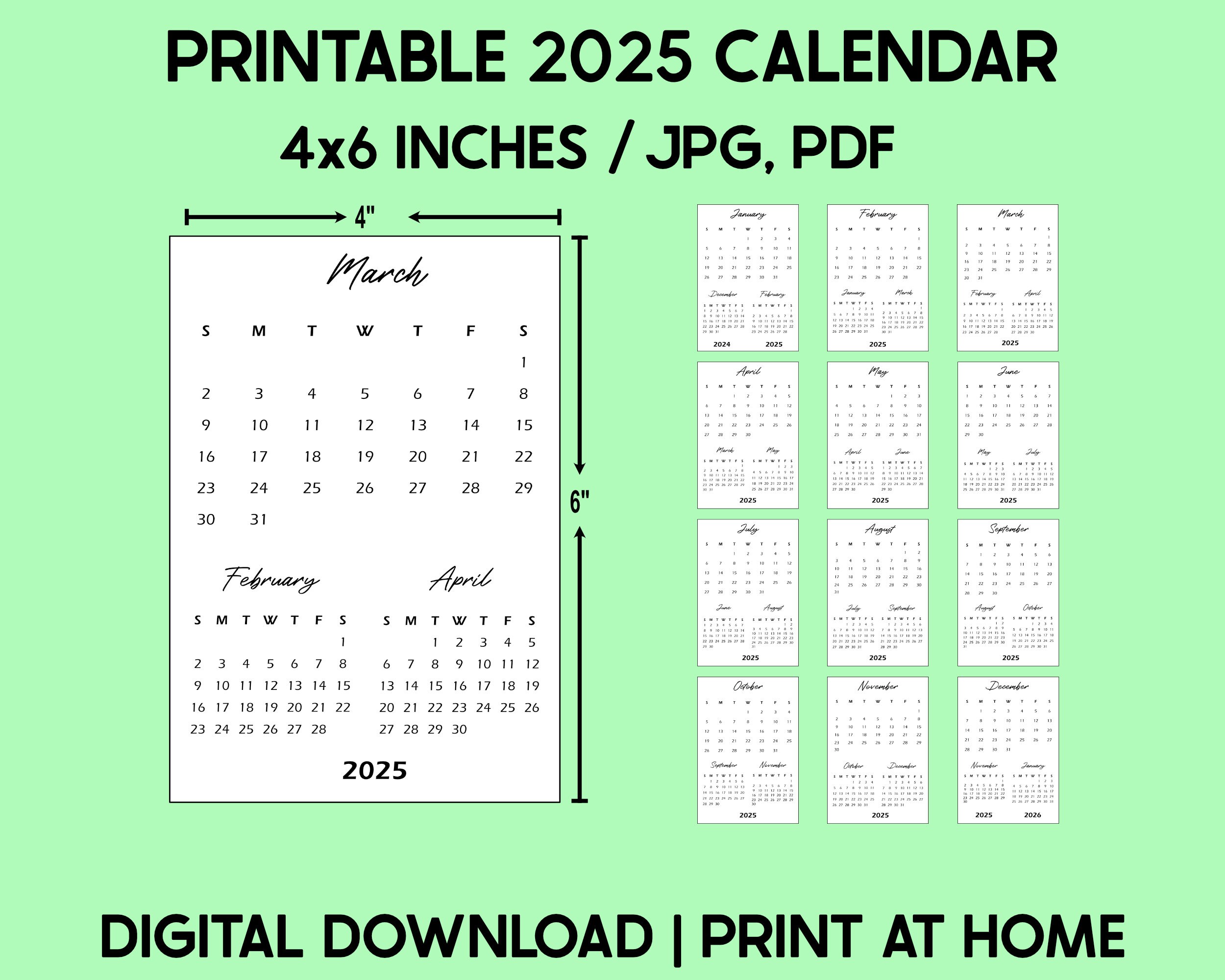 Printable 4x6 Inches 2025 Small Calendar, Desk Calendar, Printable PDF ...