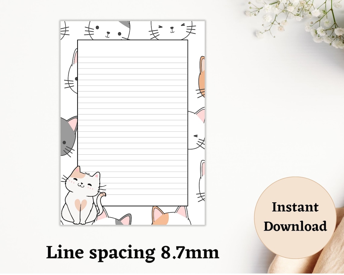 Cute Kawaii Cat Stationery Printable PDF, Cat Lover Letter Writing ...