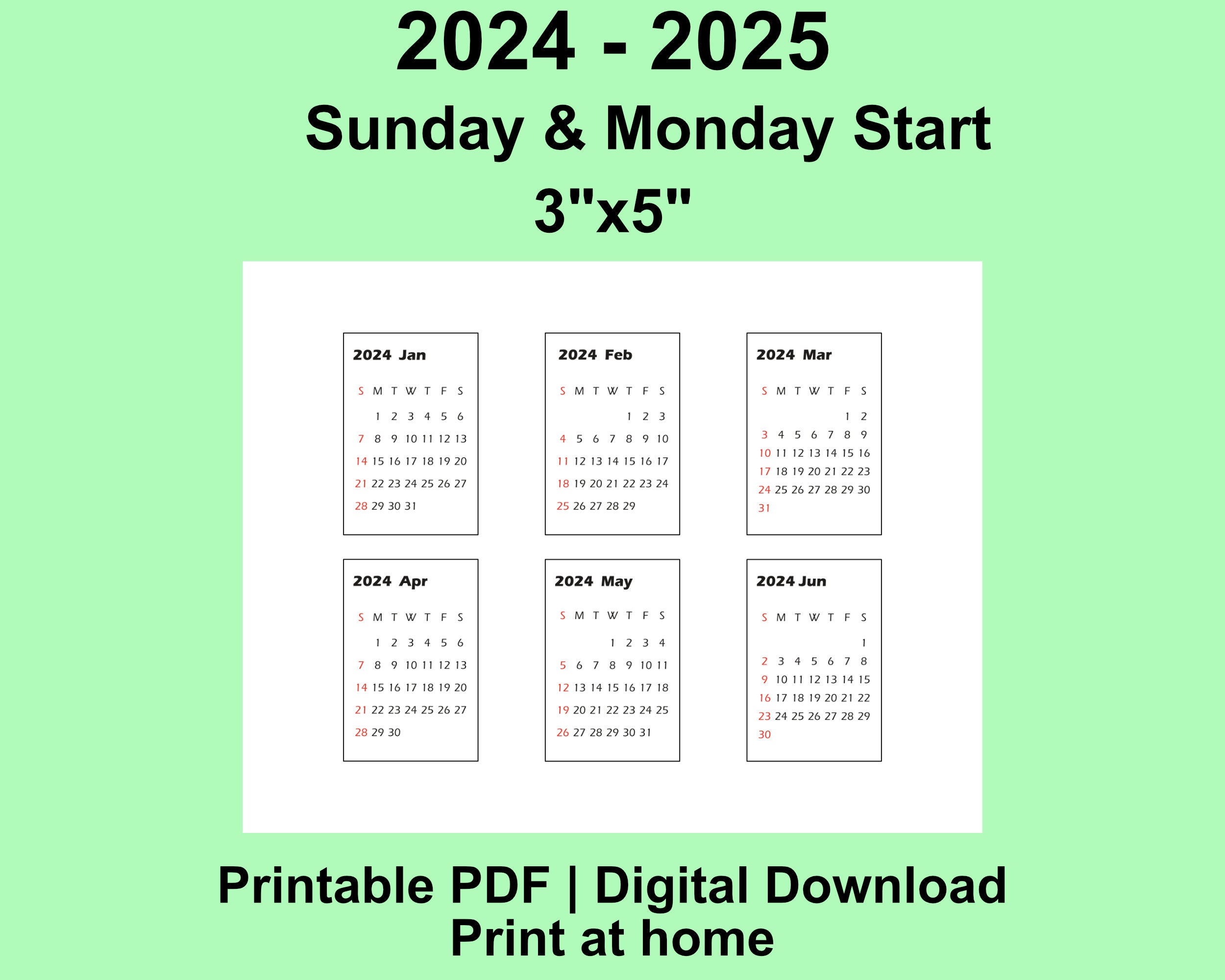 2024 2025 Mini Calendar Printable PDF, 2x3 Inches, Small Calendar, Desk ...
