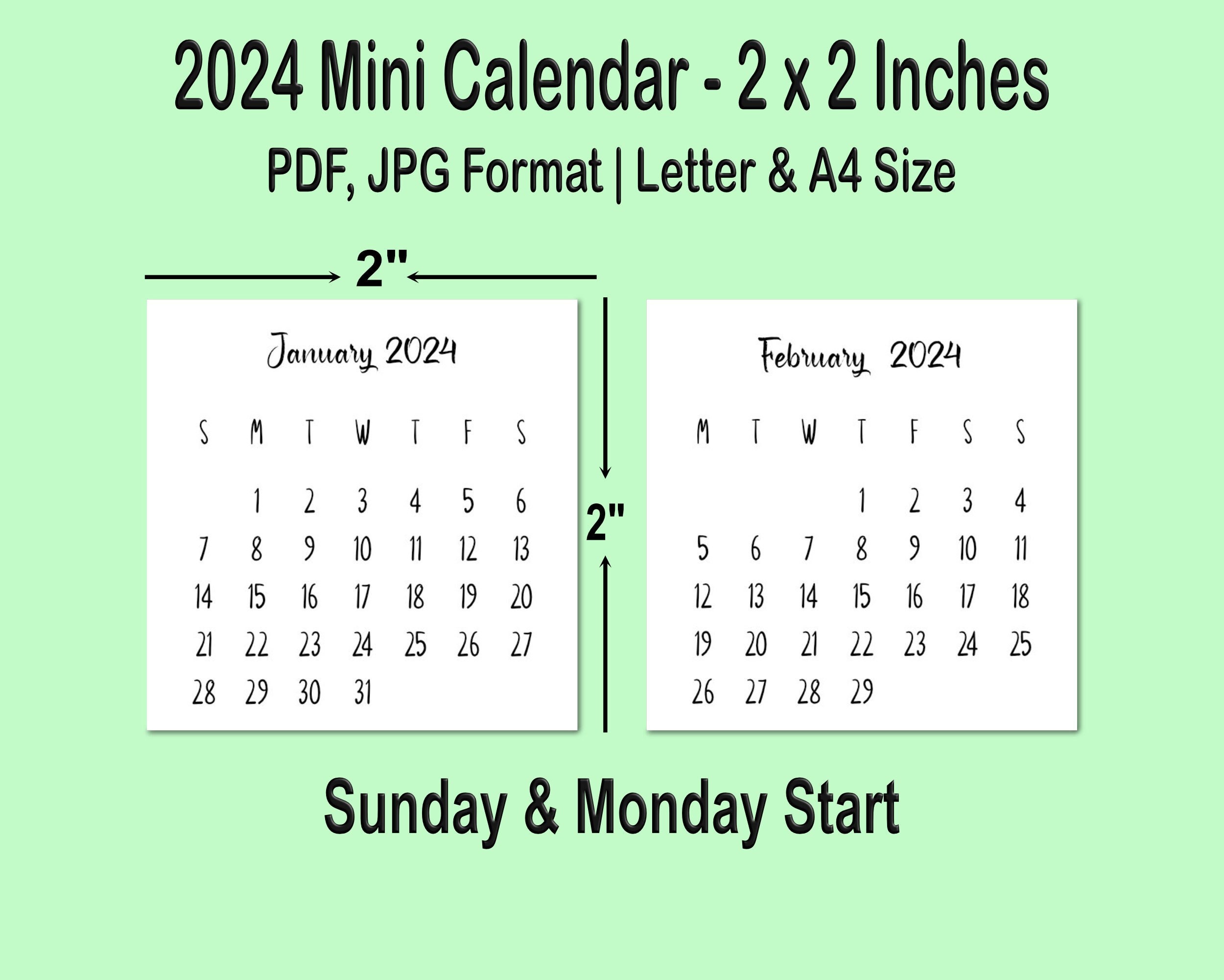 2024 Mini Calendar Printable PDF, 2 X 2 Inches, Desk Calendar, Small ...
