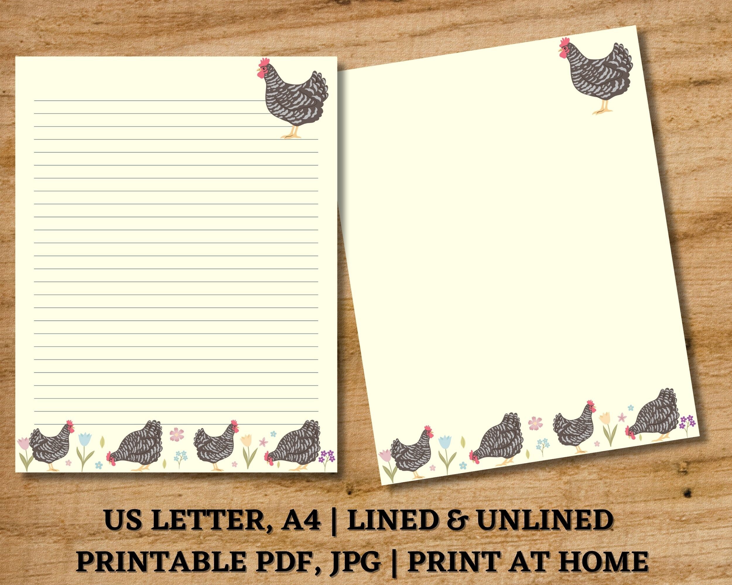 Printable Chickens Stationery, Lined and Unlined Letter Writing Paper ...