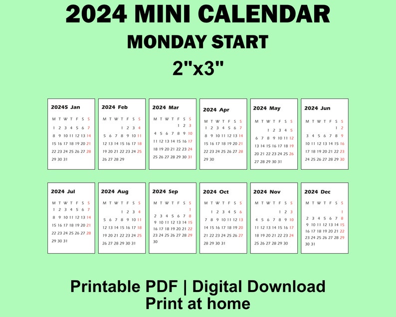 2024 2025 Mini Calendar Printable PDF, 2x3 Inches, Small Calendar, Desk ...