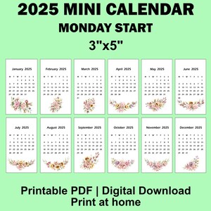 2024 2025 Floral Watercolor Mini Calendar Printable PDF, 3x5 Inches ...