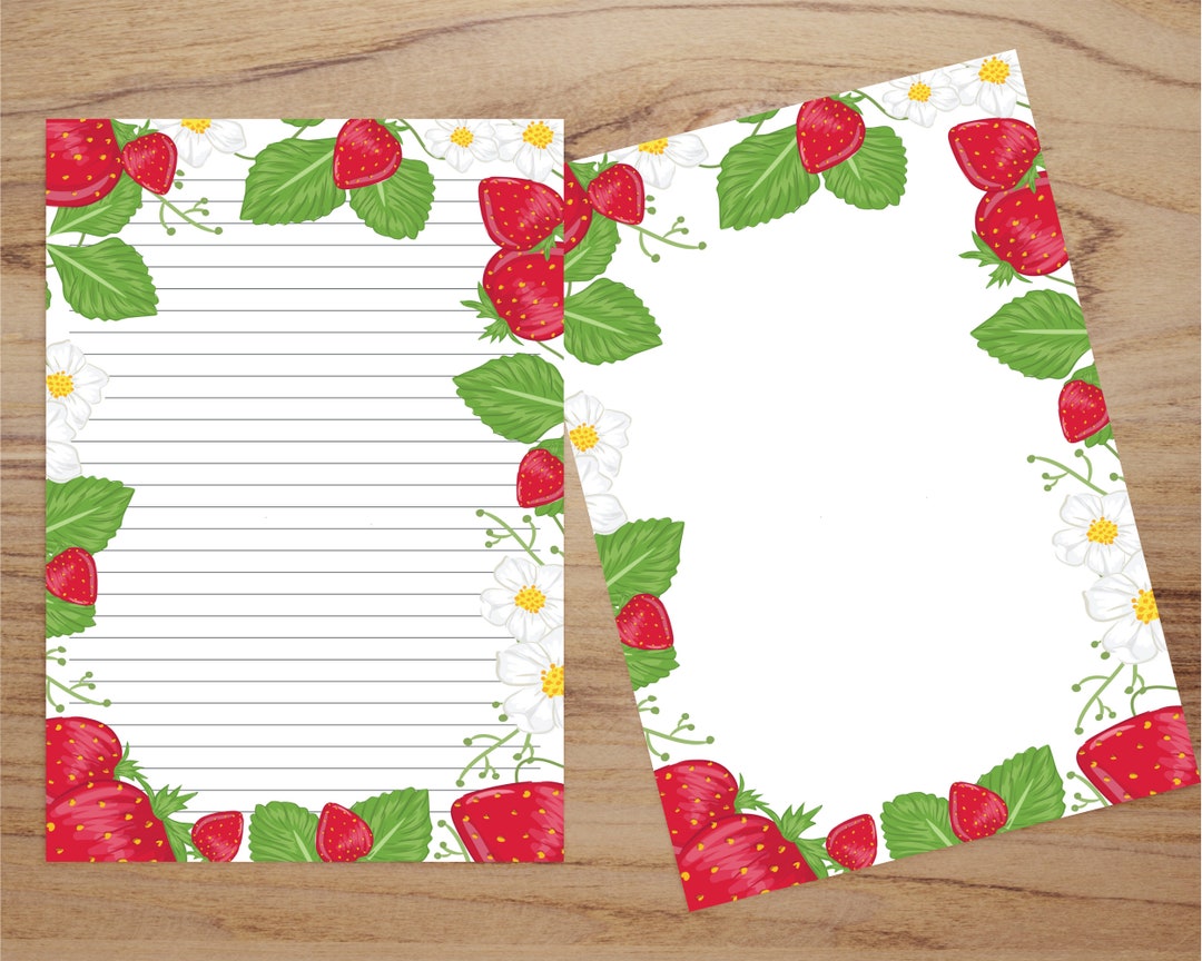 Printable Strawberries Stationery, Instant Download, Blank and Lined ...