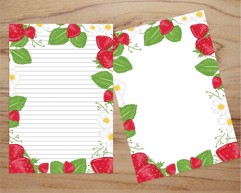 Printable Strawberries Stationery, Instant Download, Blank and Lined ...