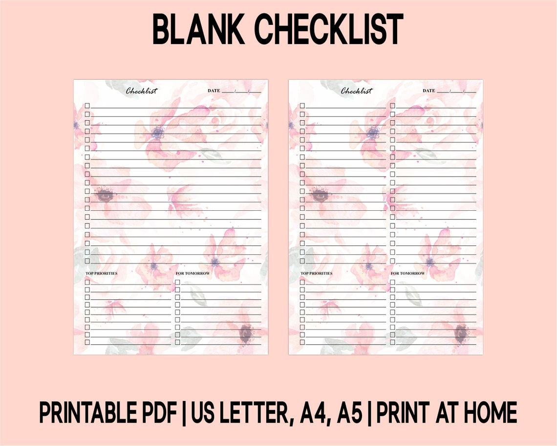 Blank Checklist Template Printable PDF, 2 Versions Checklist, Letter ...