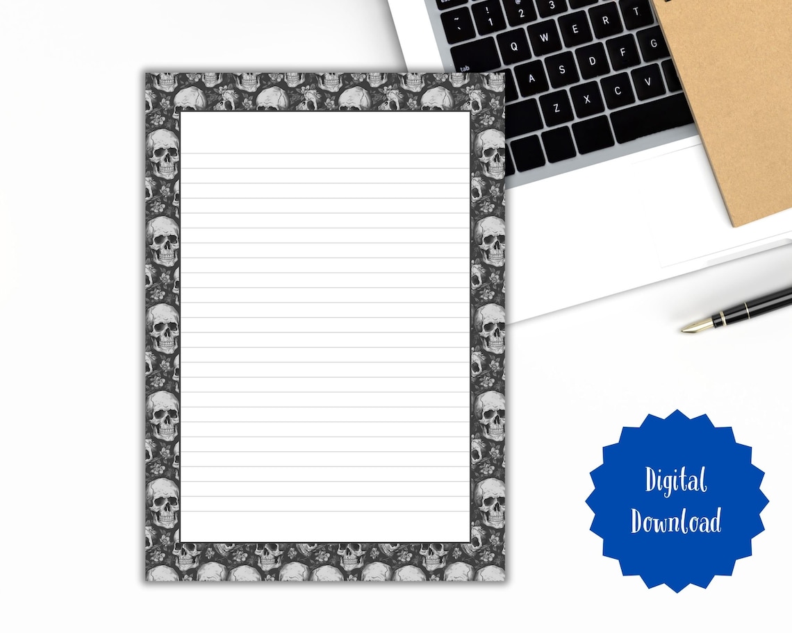 Printable Skull Stationery, Letter Writing Paper, Skull Lined and ...