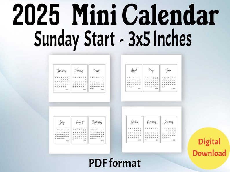 2025 Mini Calendar Printable PDF, 3 X 5 Inches, Small Calendar, Sunday ...