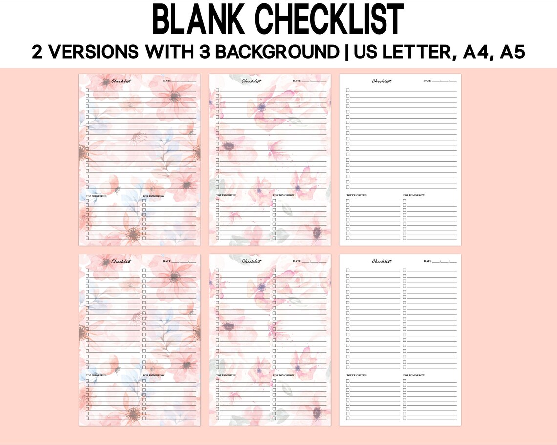 Blank Checklist Template Printable PDF, 2 Versions Checklist, Letter ...