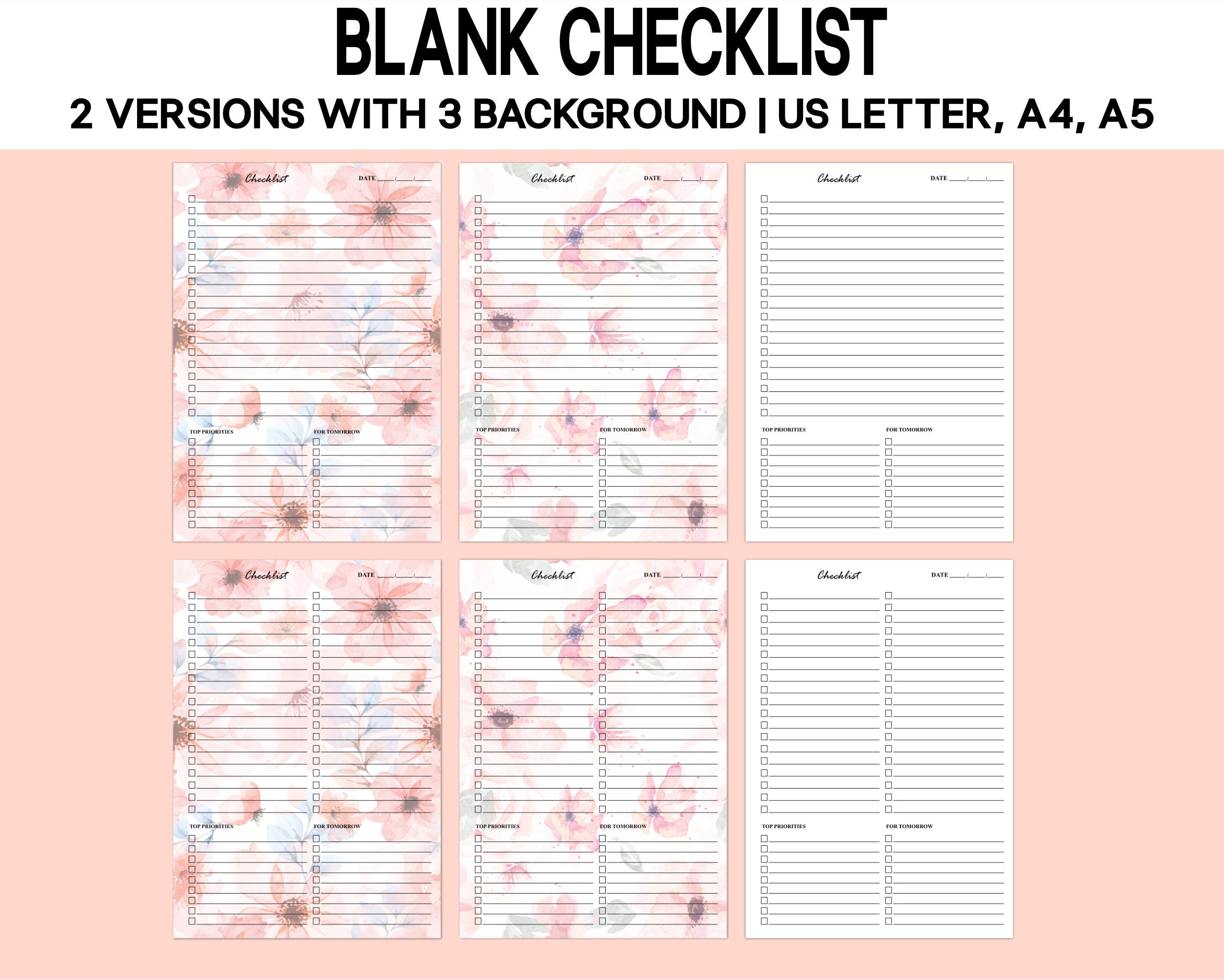 Blank Checklist Template Printable PDF, 2 Versions Checklist, Letter ...