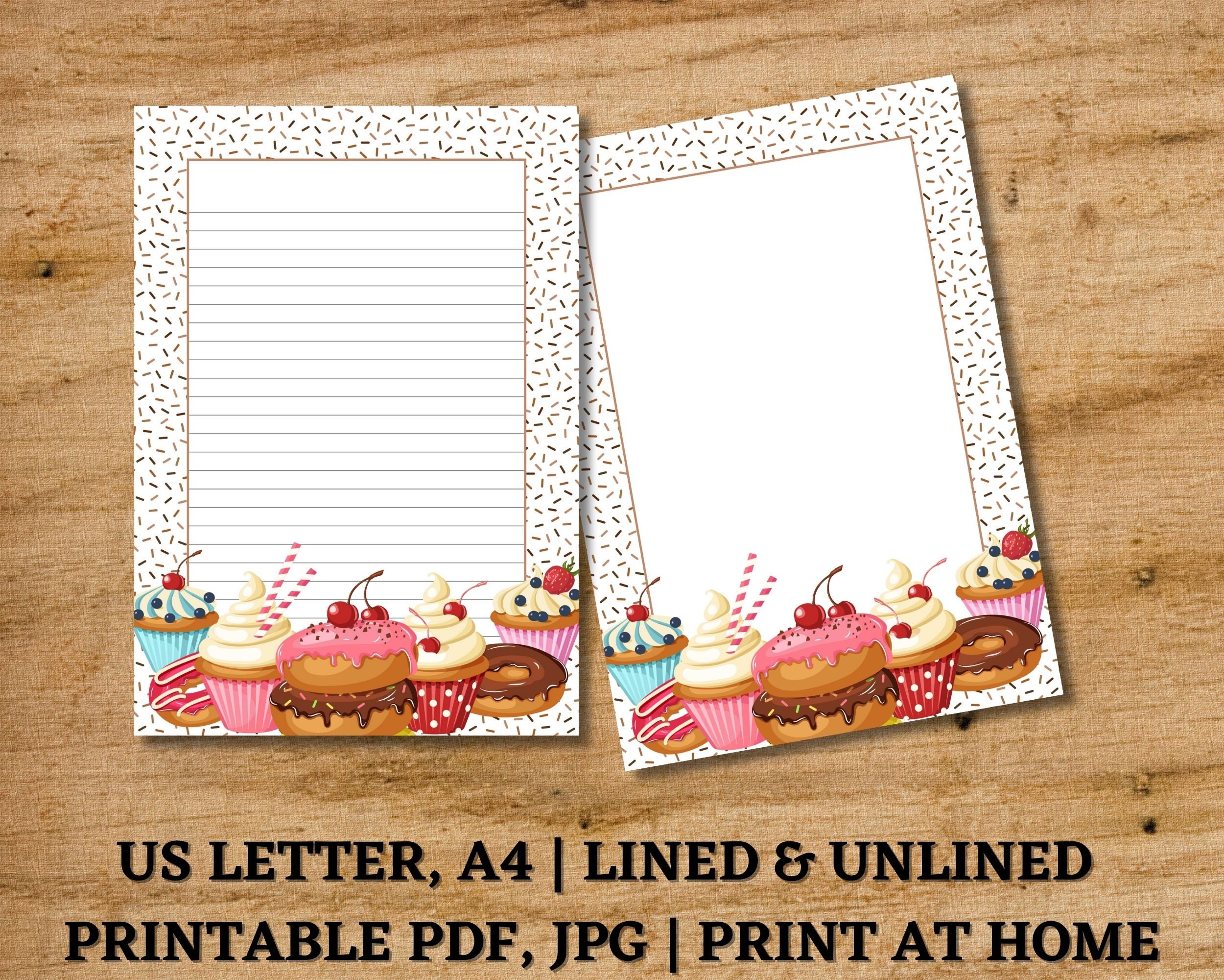Printable Cupcake Stationery PDF, Letter Writing Paper, Lined and ...