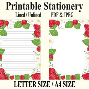 Printable Strawberries Stationery, Instant Download, Blank and Lined ...