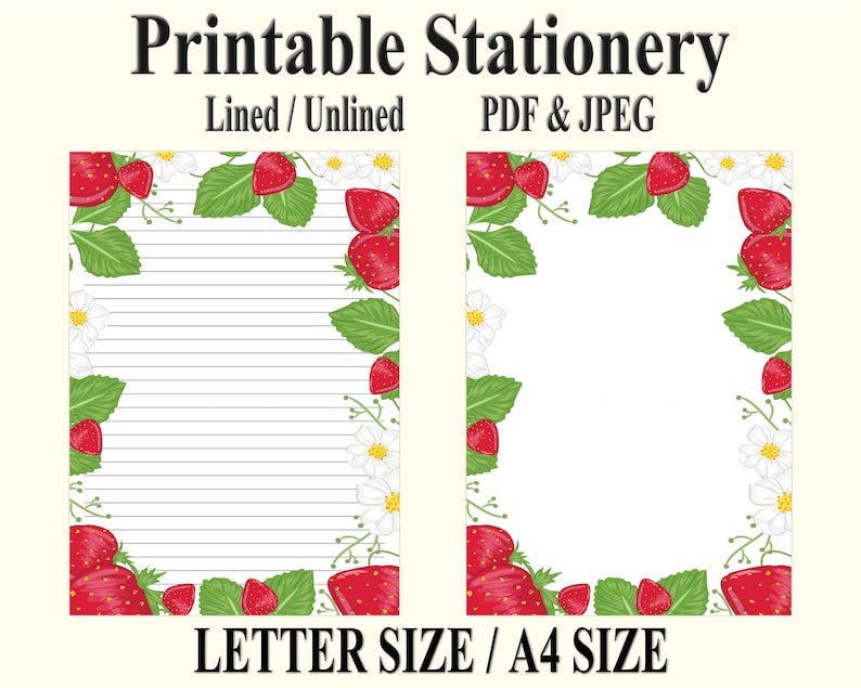 Printable Strawberries Stationery, Instant Download, Blank and Lined ...