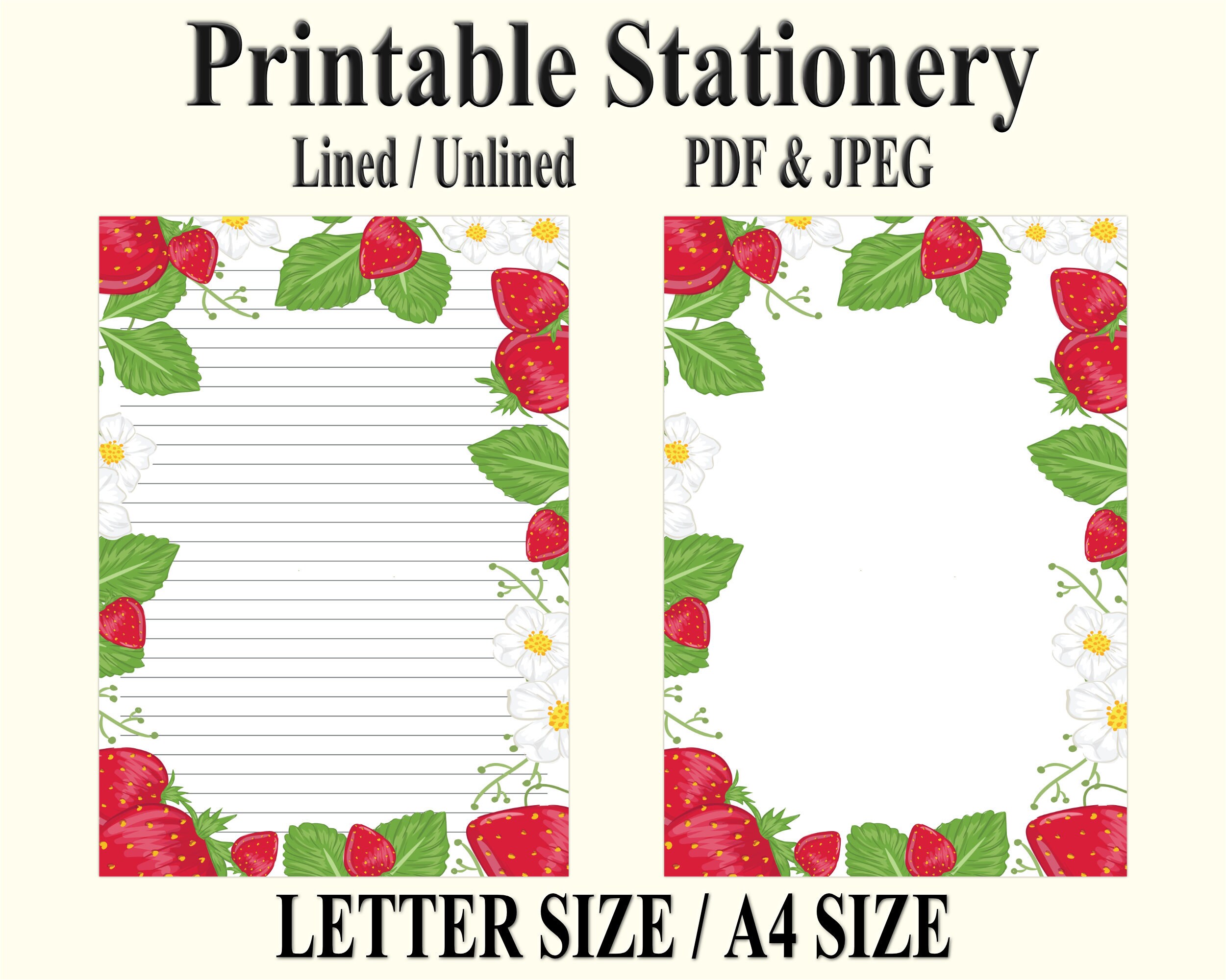 Printable Strawberries Stationery, Instant Download, Blank and Lined ...