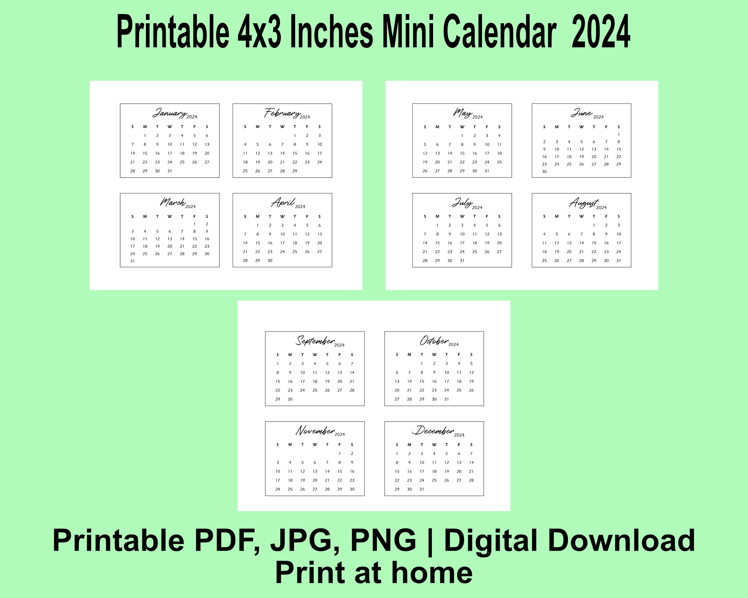 Printable 4x3 Inches 2024 Mini Calendar, Desk Calendar, Black and White ...