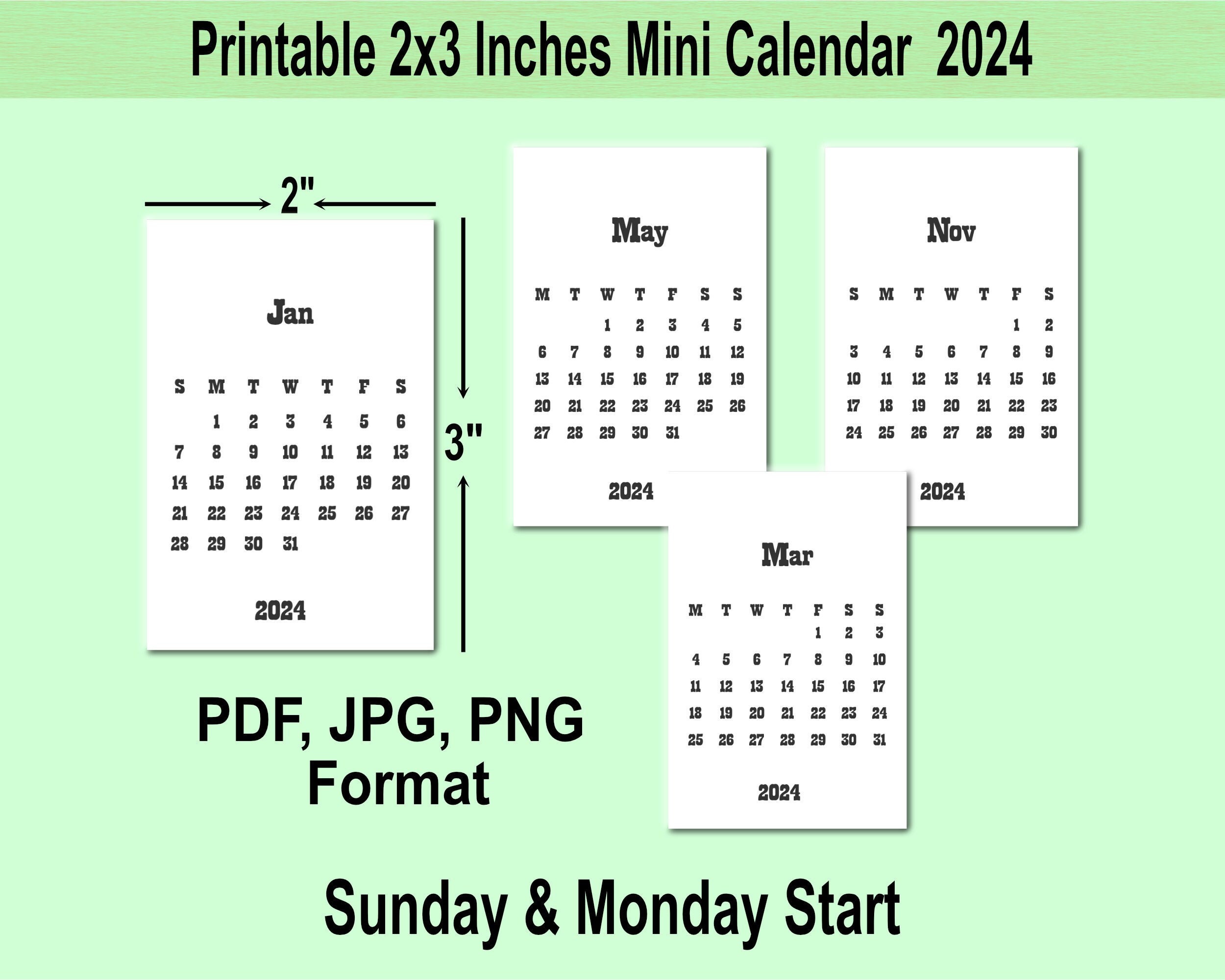 2024 Mini Calendar Printable PDF, 2x3 Inches, Pocket Calendar, Journal ...