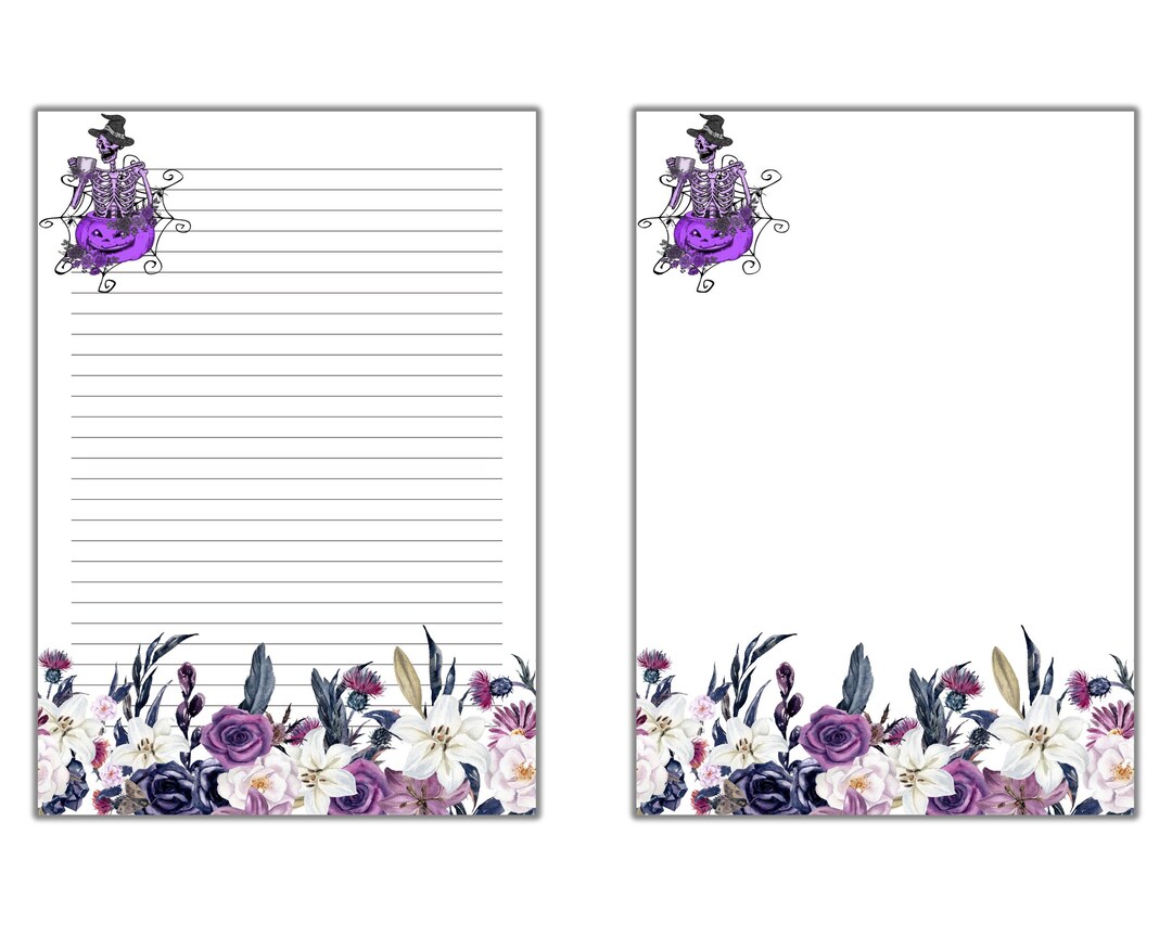 Skeleton Floral Stationery, Halloween Letter Writing Paper, Digital ...