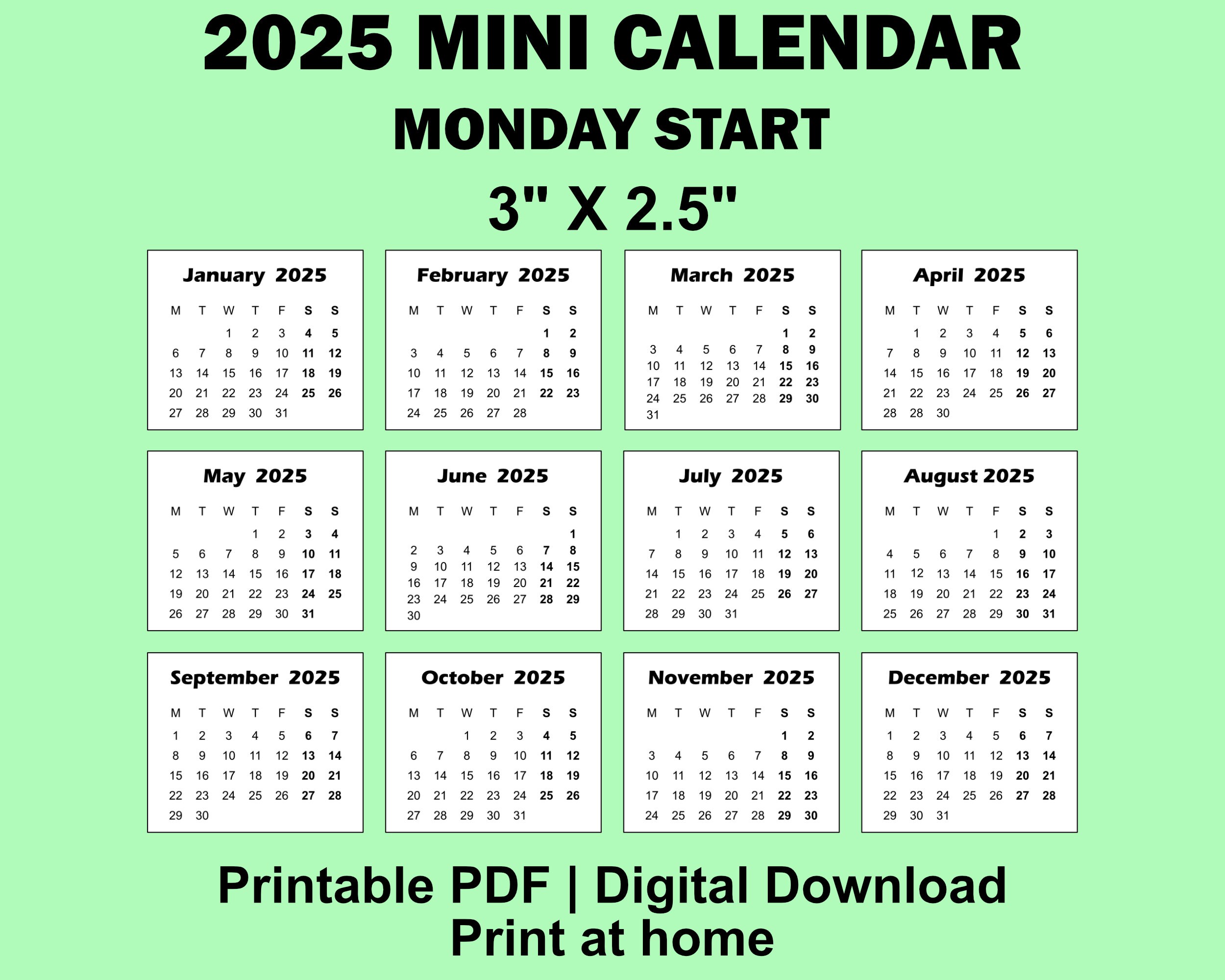 2024 2025 Mini Calendar Printable PDF, 3x2.5 Inches, Monday and Sunday ...