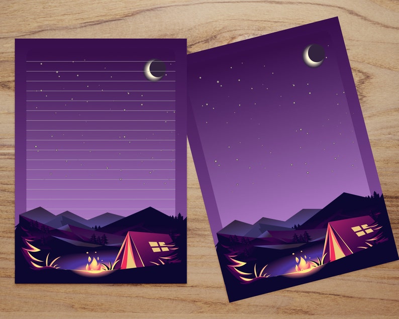 Printable Night Sky Camping Stationery, Cute Stationery, Camping Fire ...