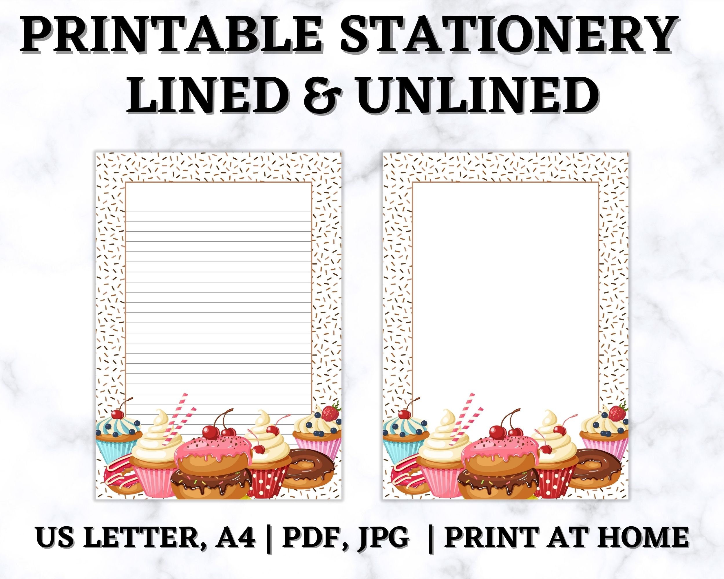 Printable Cupcake Stationery PDF, Letter Writing Paper, Lined and ...