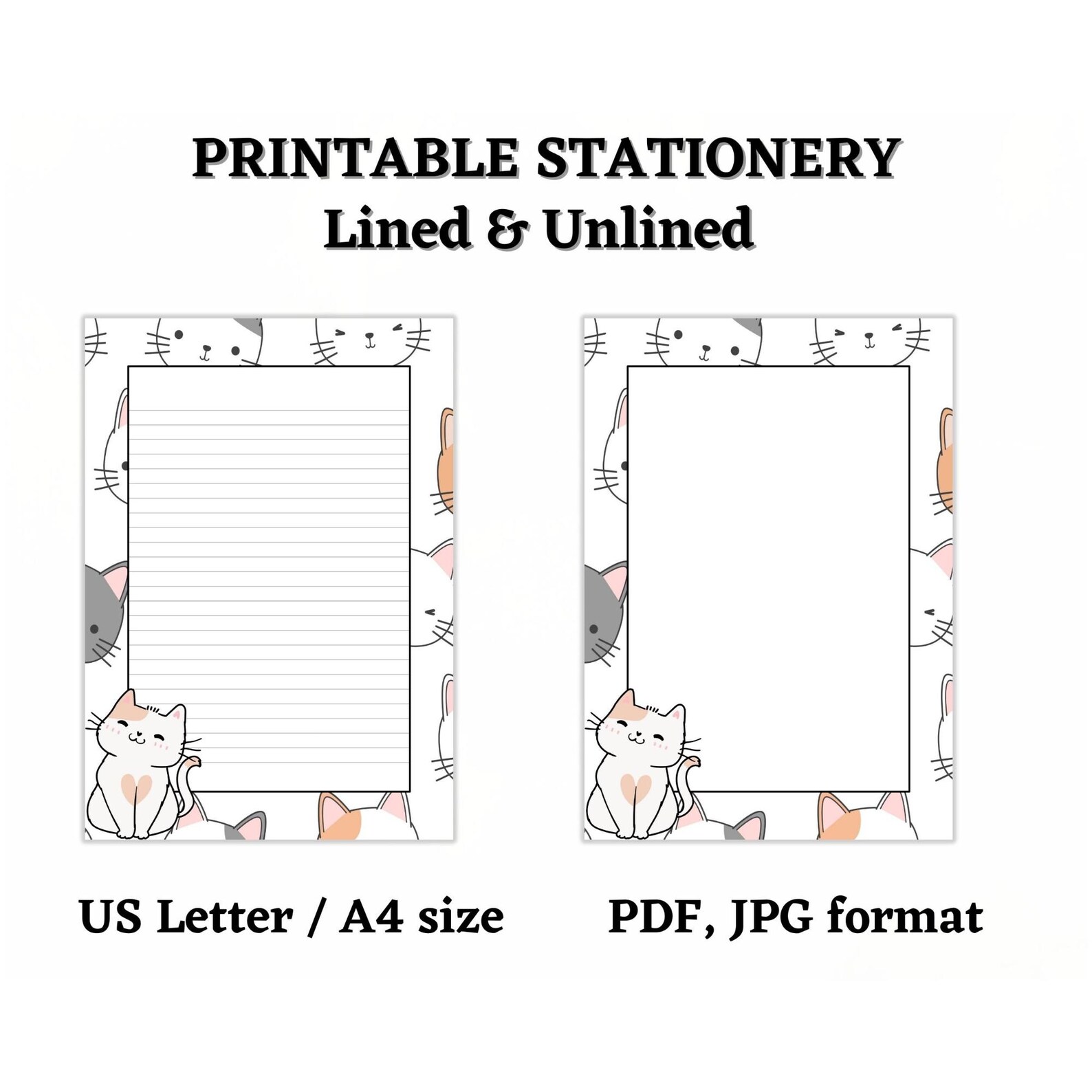 Cute Kawaii Cat Stationery Printable PDF, Cat Lover Letter Writing ...