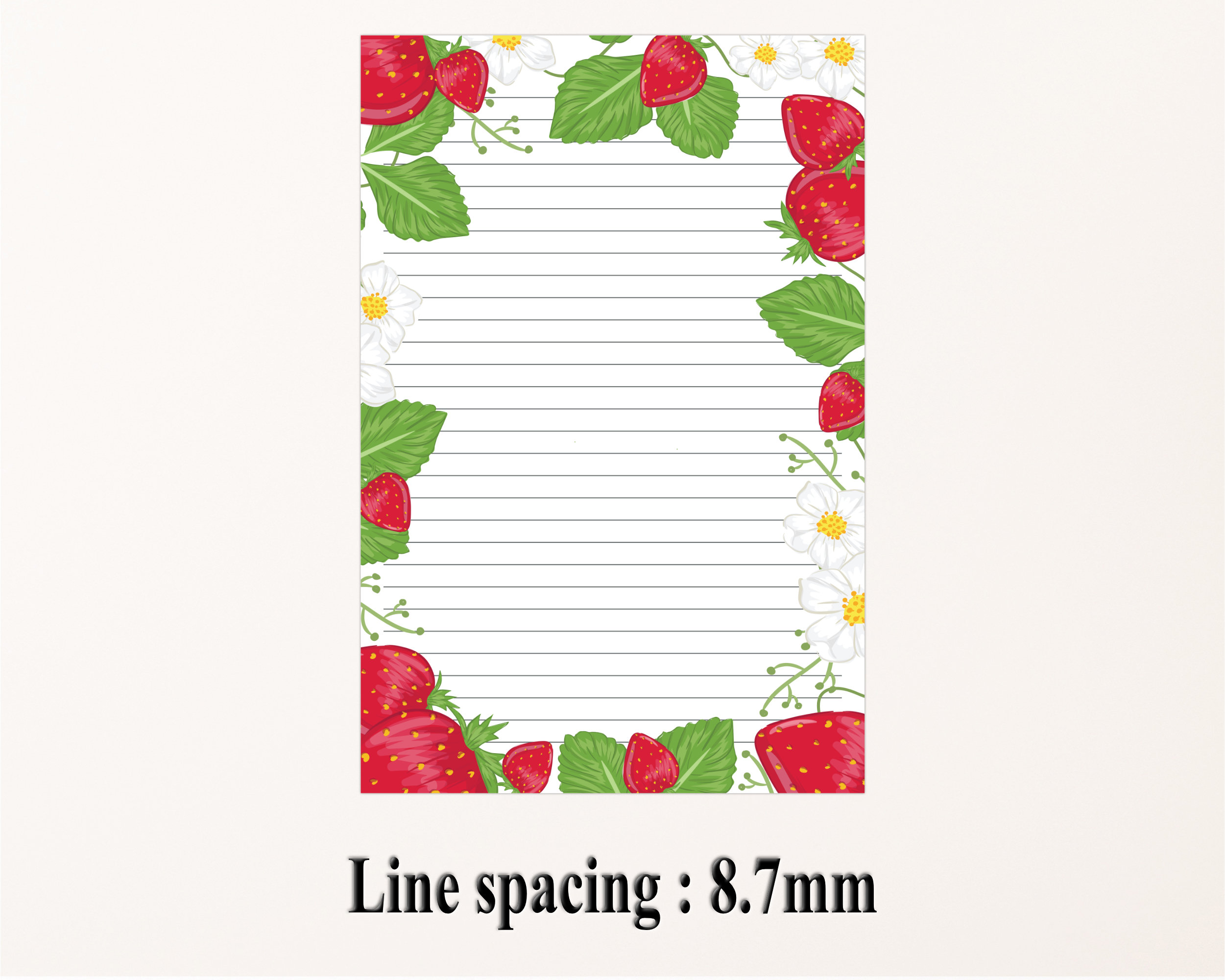 Printable Strawberries Stationery, Instant Download, Blank and Lined ...