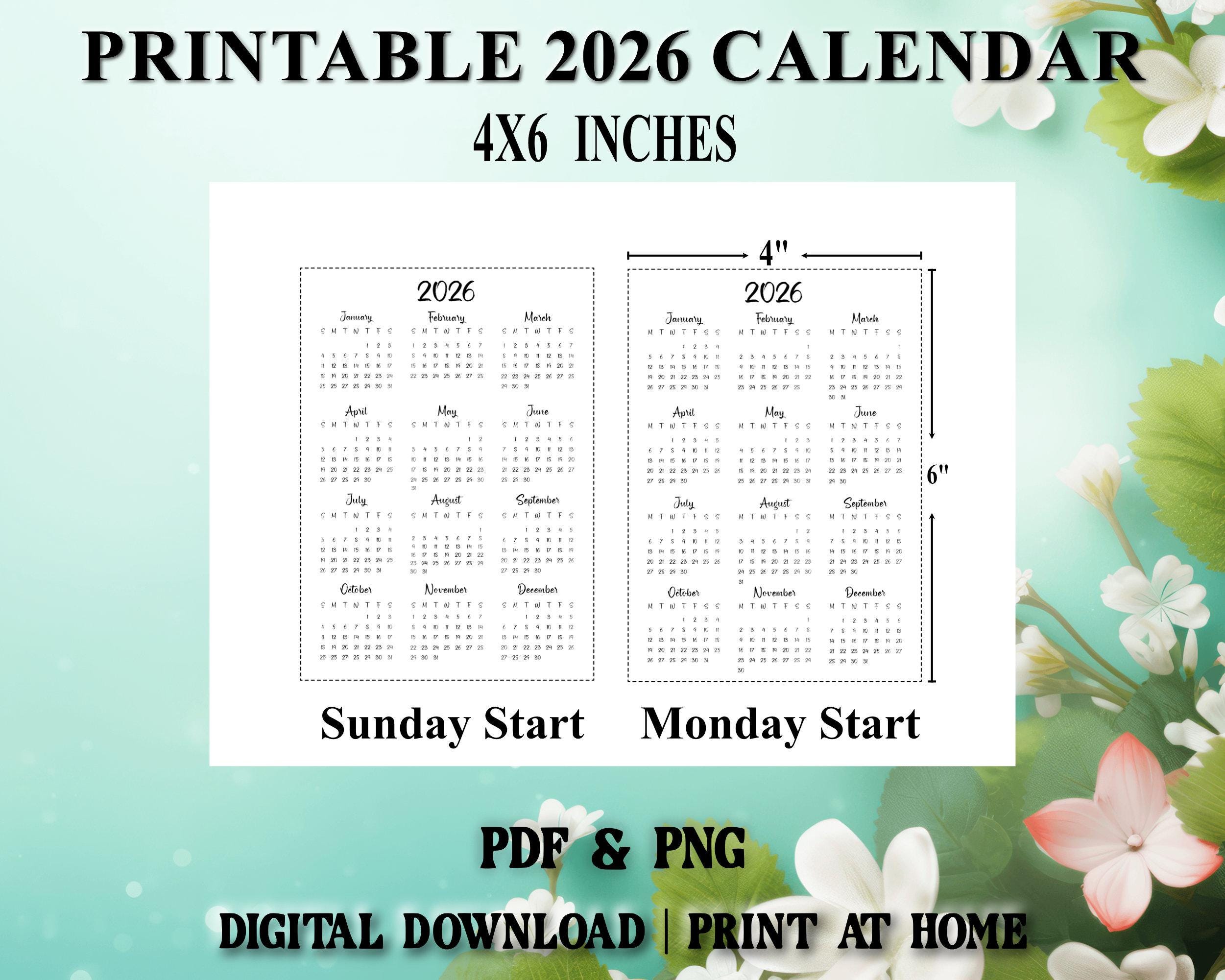 Printable Yearly 2026 Calendar, 4x6 Inches, Yearly Calendar, Planner ...