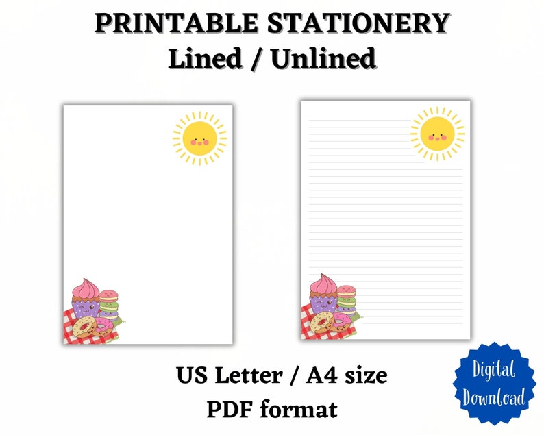 Printable Kawaii Donut Stationery Set, Kawaii Stationery, Lined and ...