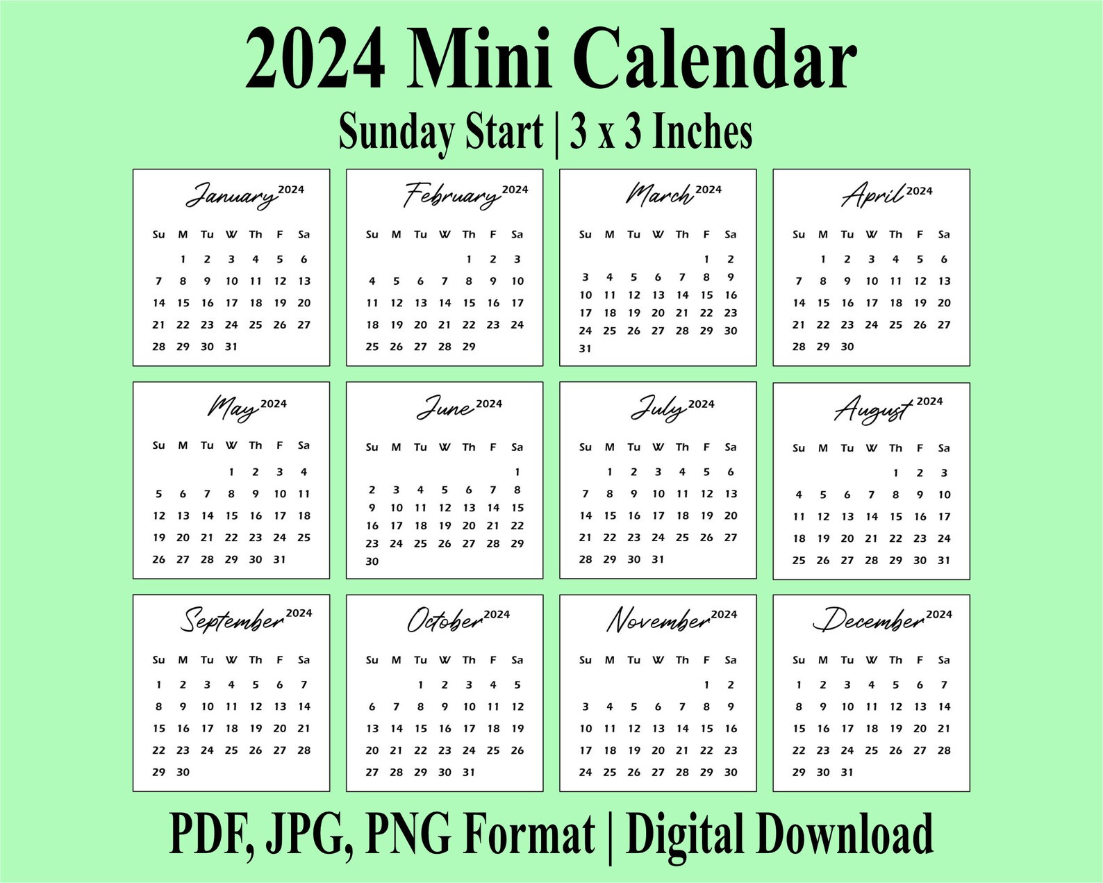 Printable PDF Mini Calendar 2024, 3x3 Inches, Sunday & Monday Start ...