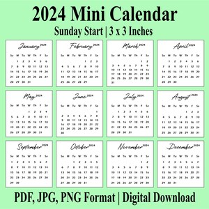 Printable PDF Mini Calendar 2024 3x3 Inches Sunday & Monday - Etsy Canada