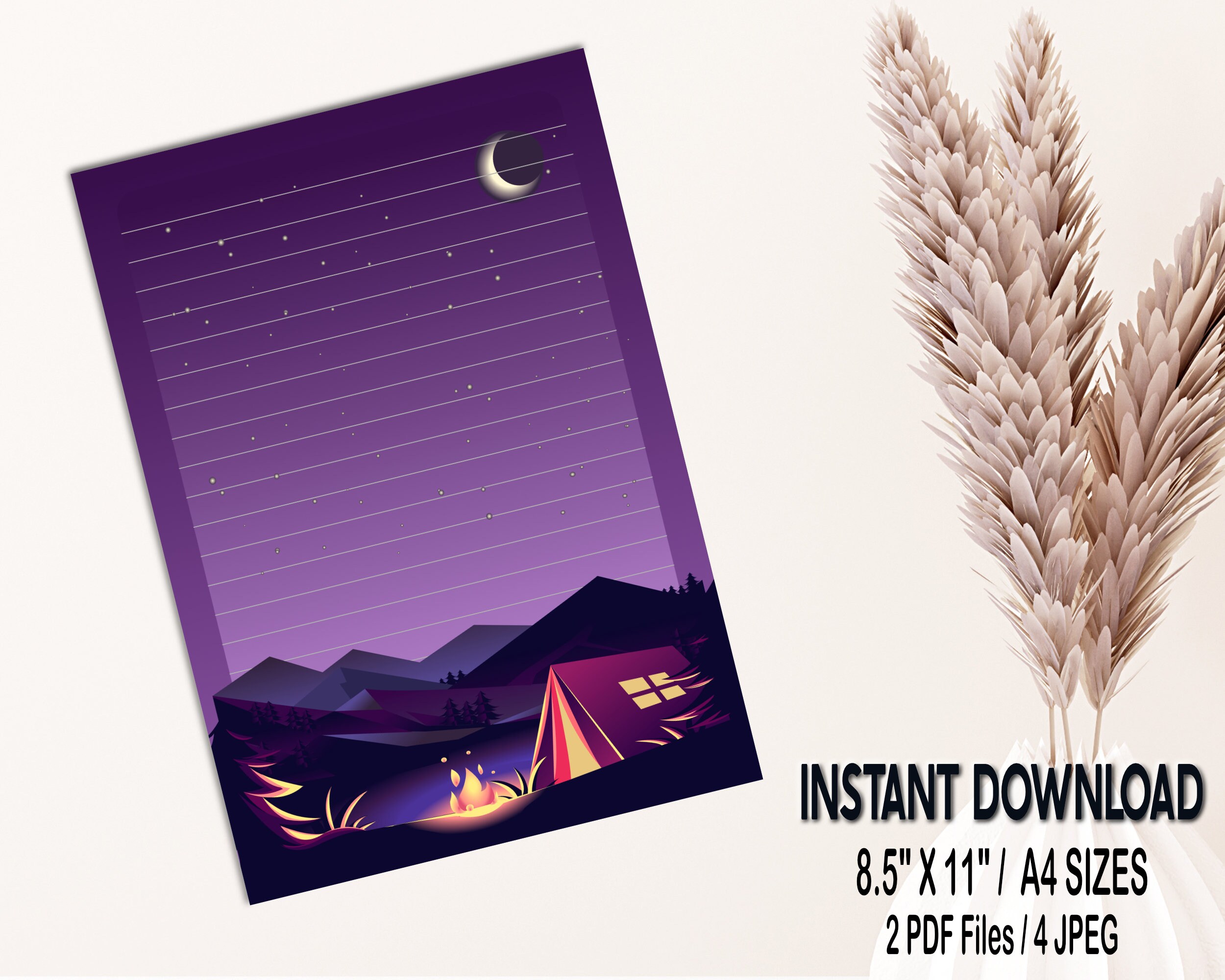 Printable Night Sky Camping Stationery, Cute Stationery, Camping Fire ...