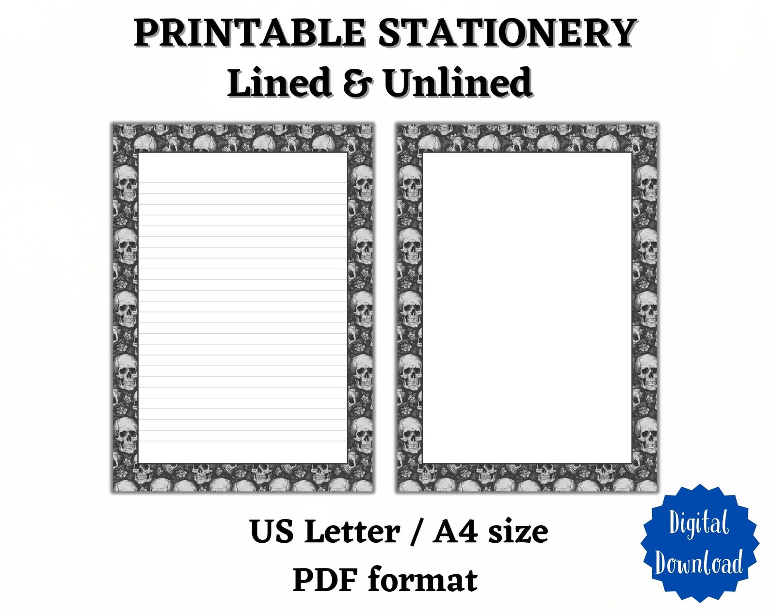 Printable Skull Stationery, Letter Writing Paper, Skull Lined and ...