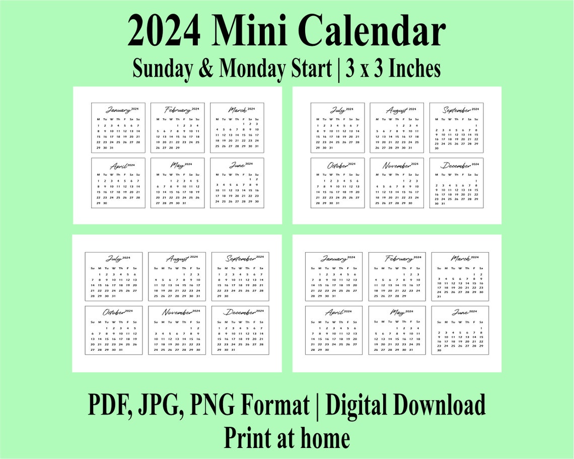 Printable PDF Mini Calendar 2024 3x3 Inches Sunday & Monday - Etsy Canada