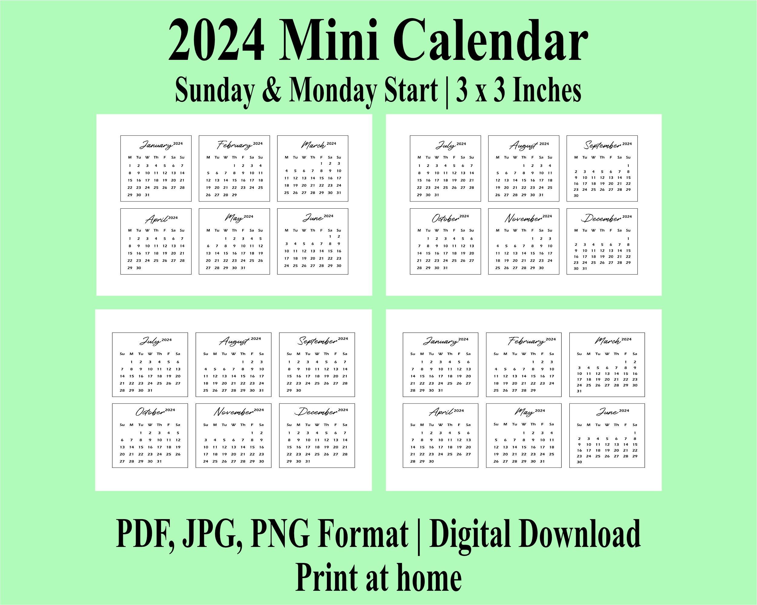 Printable PDF Mini Calendar 2024, 3x3 Inches, Sunday & Monday Start ...