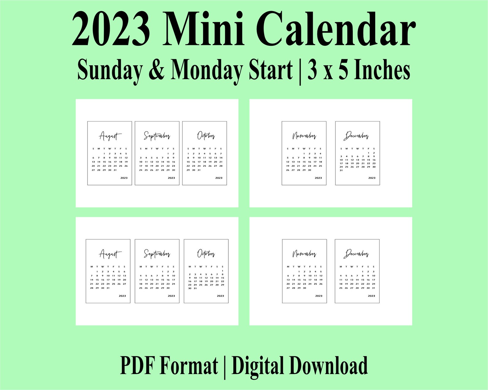 2024 Mini Calendar Printable PDF, 3 X 5 Inches, Small Calendar, Sunday ...