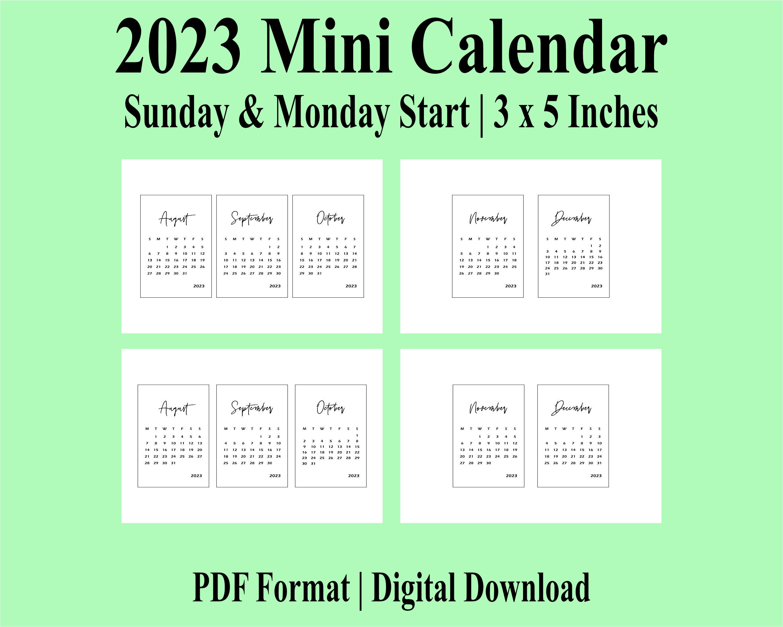 2024 Mini Calendar Printable PDF, 3 X 5 Inches, Small Calendar, Sunday ...