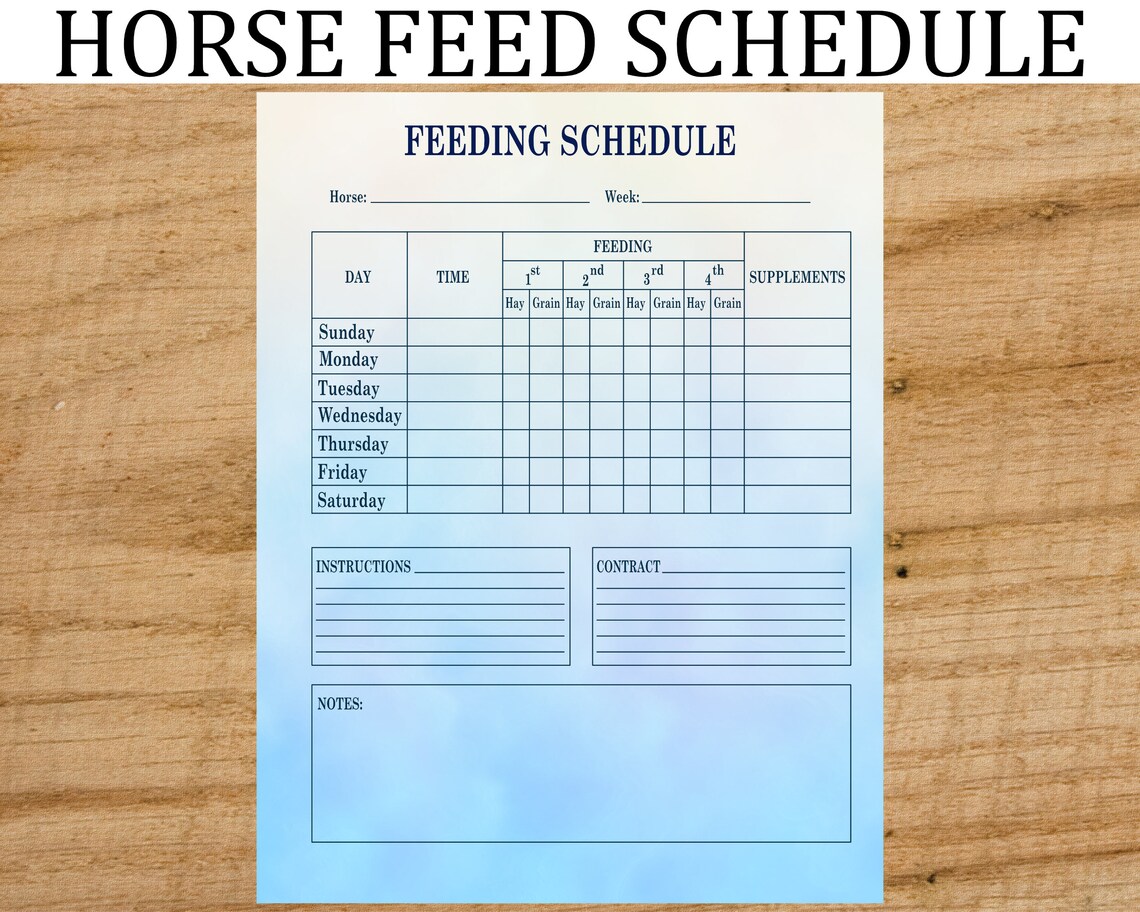 Horse Feed Schedule, Digital Download, Horse Feeding Chart, Weekly ...