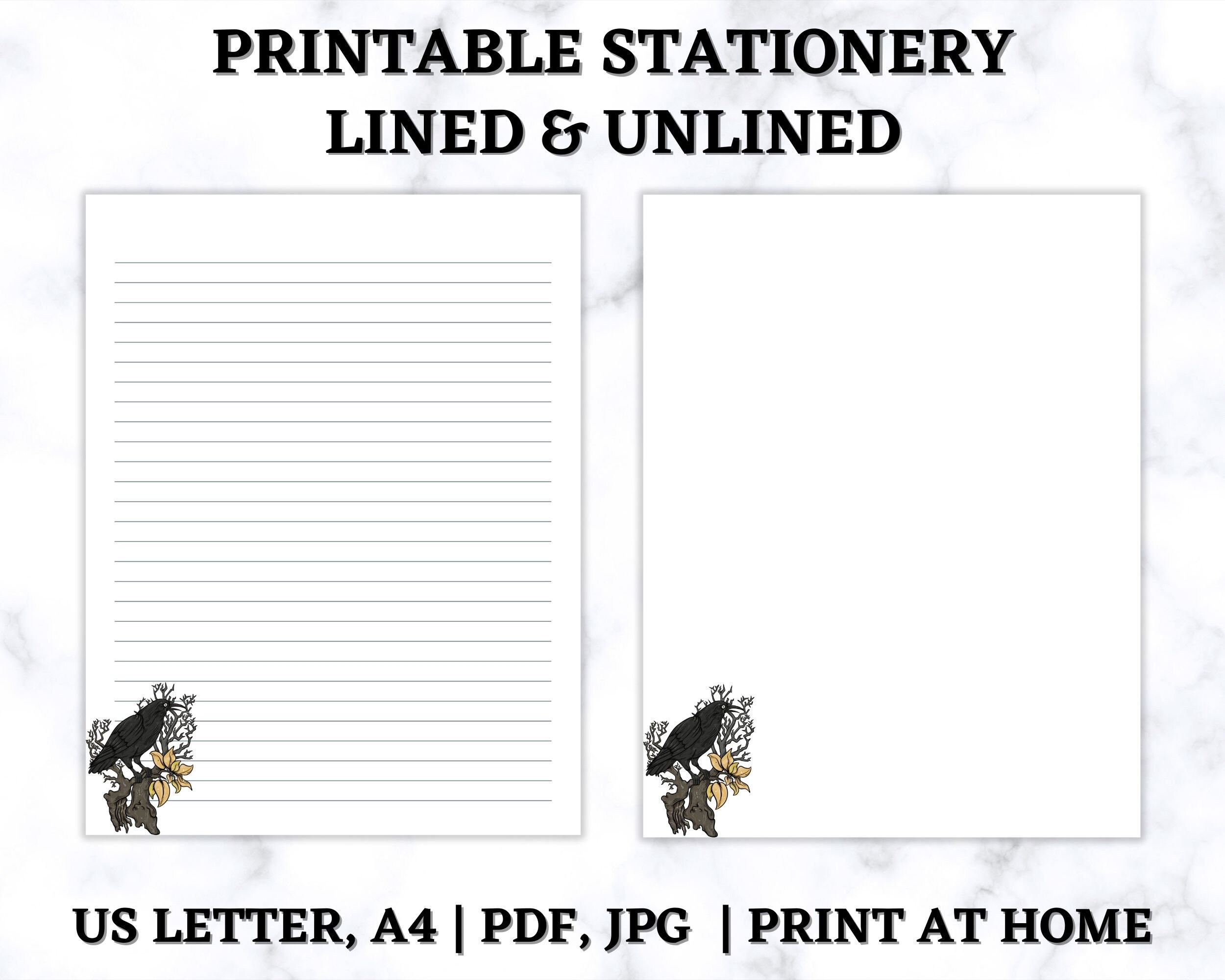 Printable Raven Stationery, Letter Writing Paper, Lined and Unlined ...
