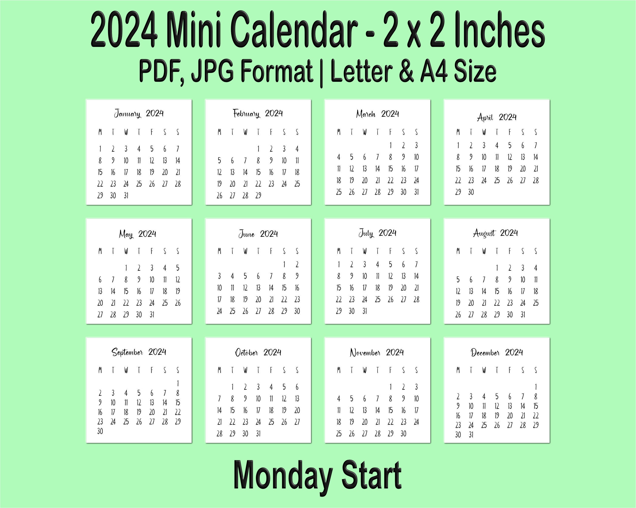 2024 Mini Calendar Printable PDF, 2 X 2 Inches, Desk Calendar, Small ...