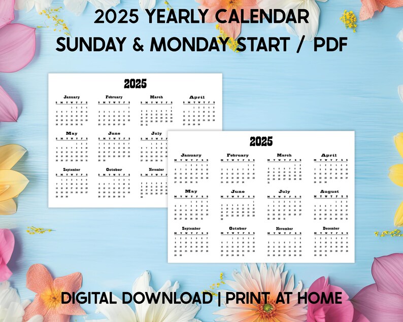 Printable Landscape 2025 Calendar, Yearly Calendar, Sunday & Monday ...