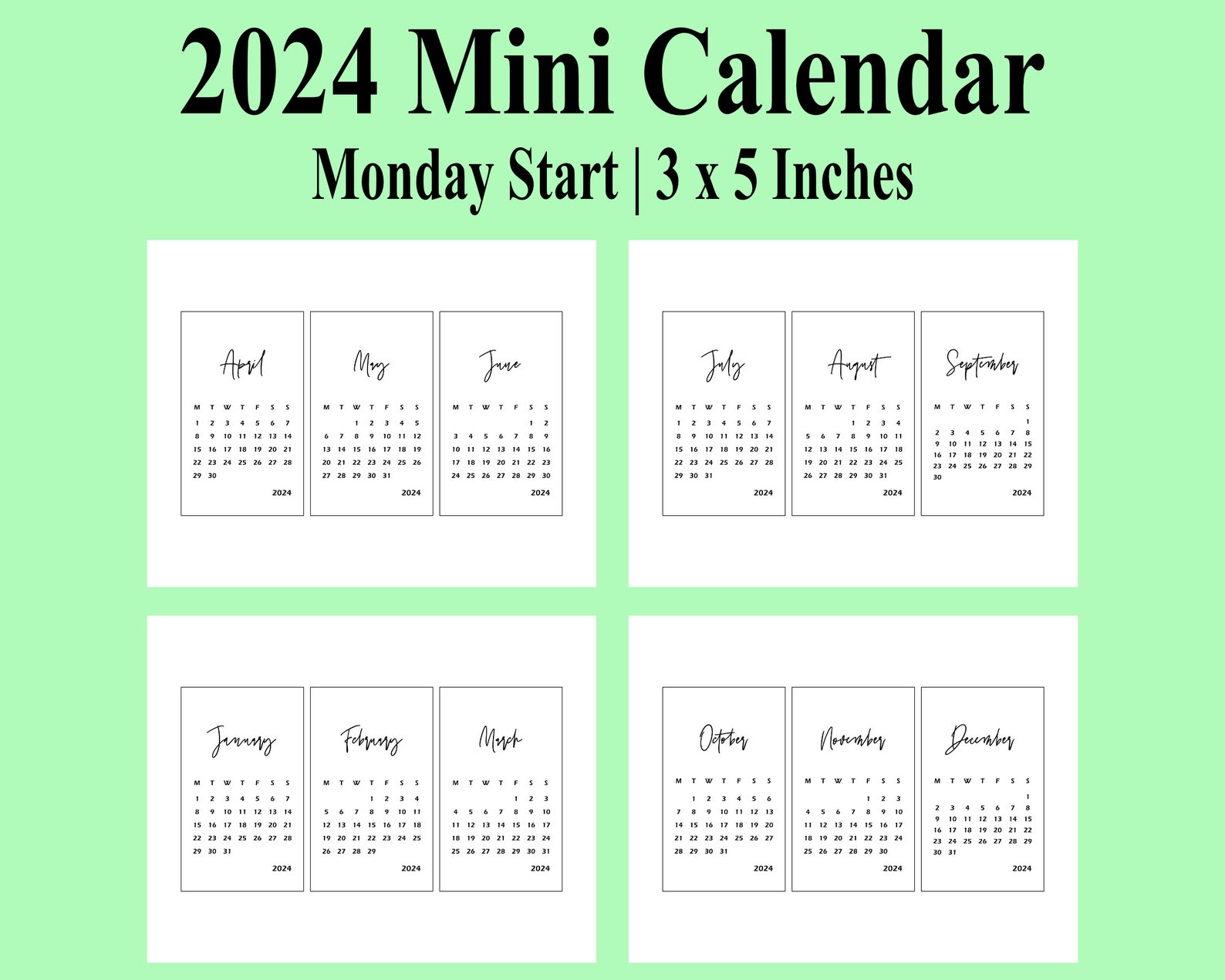 2024 Mini Calendar Printable PDF, 3 X 5 Inches, Small Calendar, Sunday ...