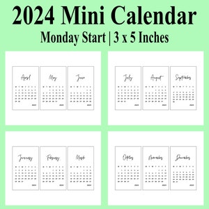 2024 Mini Calendar Printable PDF, 3 X 5 Inches, Small Calendar, Sunday ...
