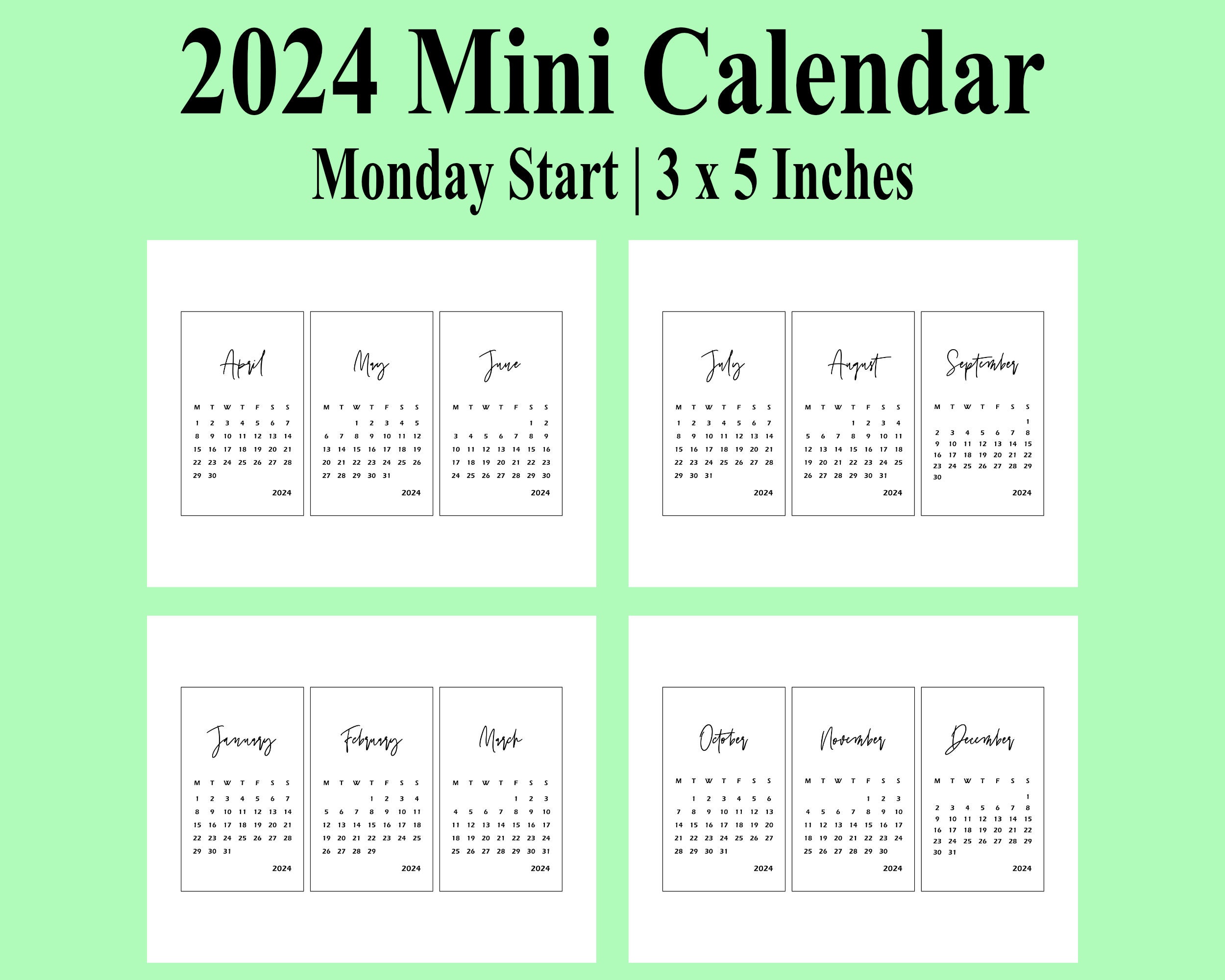 2024 Mini Calendar Printable PDF, 3 X 5 Inches, Small Calendar, Sunday ...