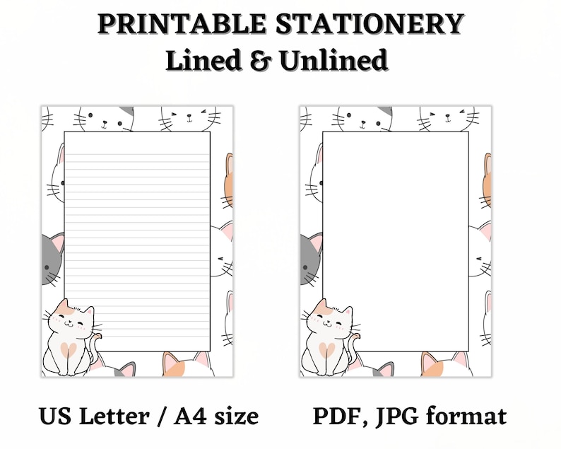 Cute Kawaii Cat Stationery Printable PDF, Cat Lover Letter Writing ...