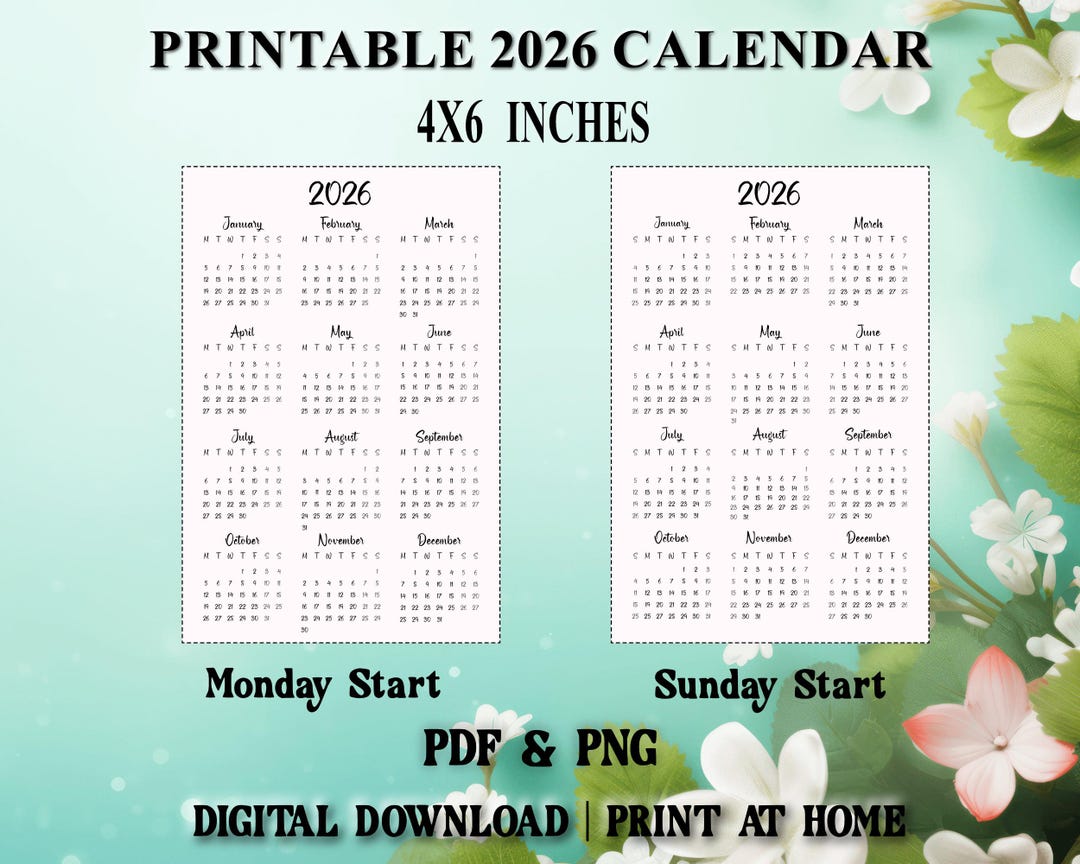 Printable Yearly 2026 Calendar, 4x6 Inches, Yearly Calendar, Planner ...