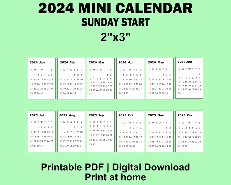 2024 2025 Mini Calendar Printable PDF, 2x3 Inches, Small Calendar, Desk ...