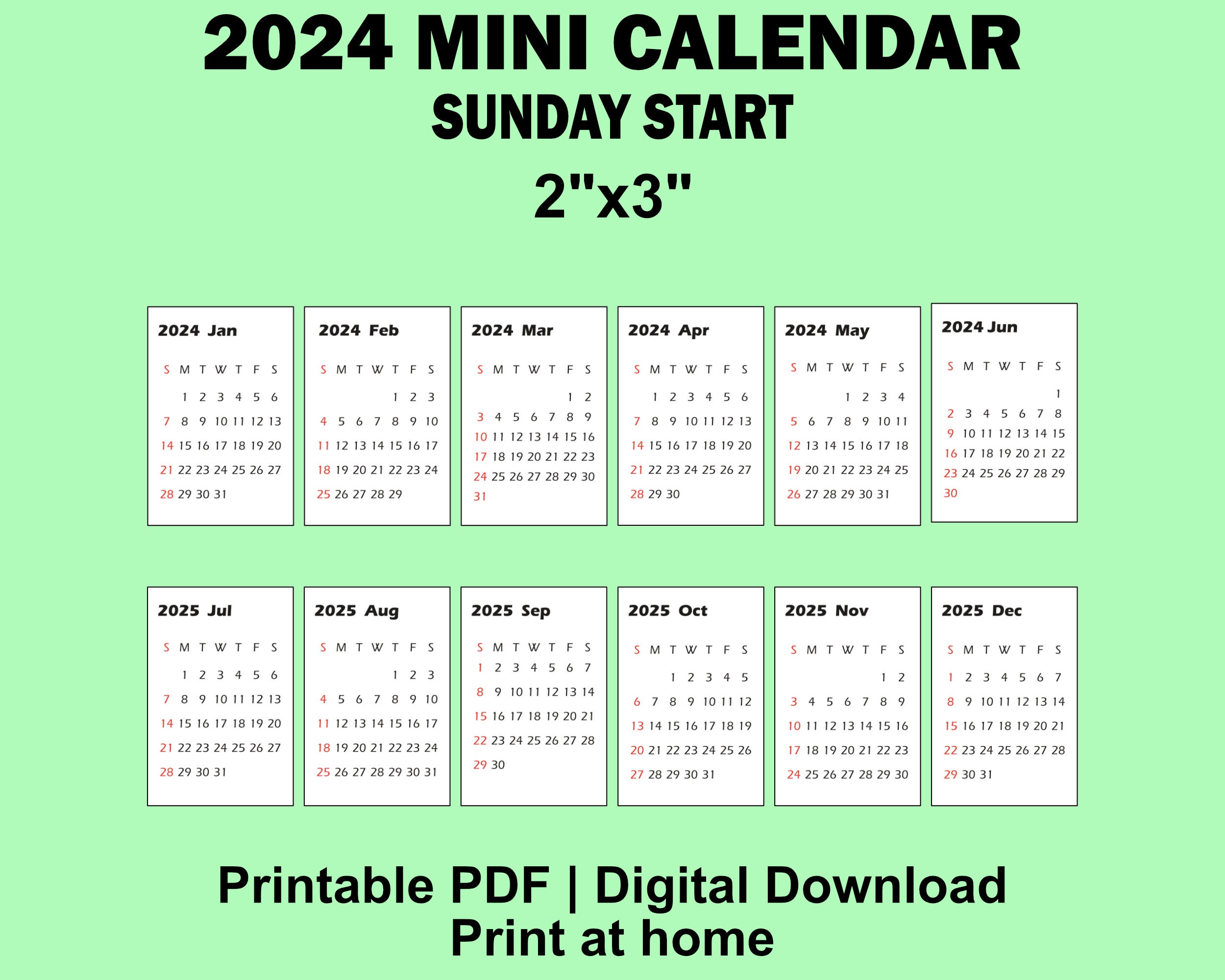 2024 2025 Mini Calendar Printable PDF, 2x3 Inches, Small Calendar, Desk ...